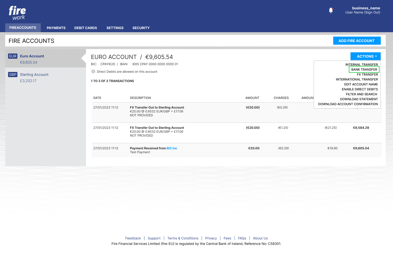 Creating a bank transfer in euro or sterling - Fire